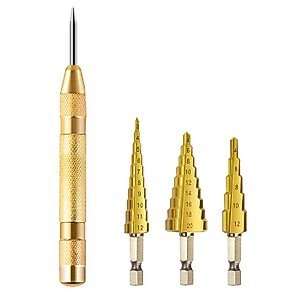Step Drill Bit Set for Metal, 1/4inch High Speed Steel Titanium Coated Metric Straight Groove Step Drill Bits Set with Automatic Spring Loaded Center Punch Power Tools