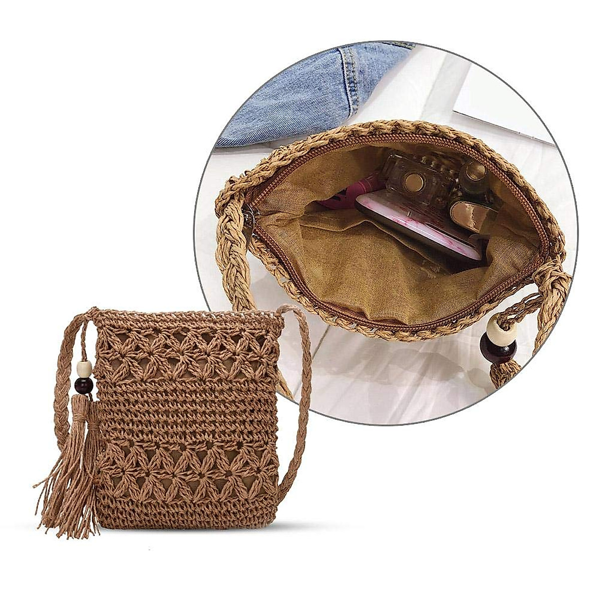 JQWSVE Straw Purse for Women Straw Bag Summer Purse with Tassel Straw Crossbody Bag Handwoven Beach Bag Crochet Purse