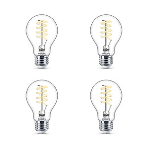 PHILIPS LED Vintage Flicker-Free Clear Spiral A19, Dimmable, Eyecomfort Technology, 500 Lumen, Soft White(2700K), 5.5W=40W, Title 20 Certified, E26 Base, 4-Pack, (565788)