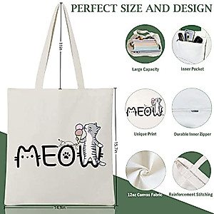 Andeiltech Canvas Tote Bag for Women Aesthetic Cute Cat Shopping Grocery Reusable Bags with Inner Zipper Women Gift