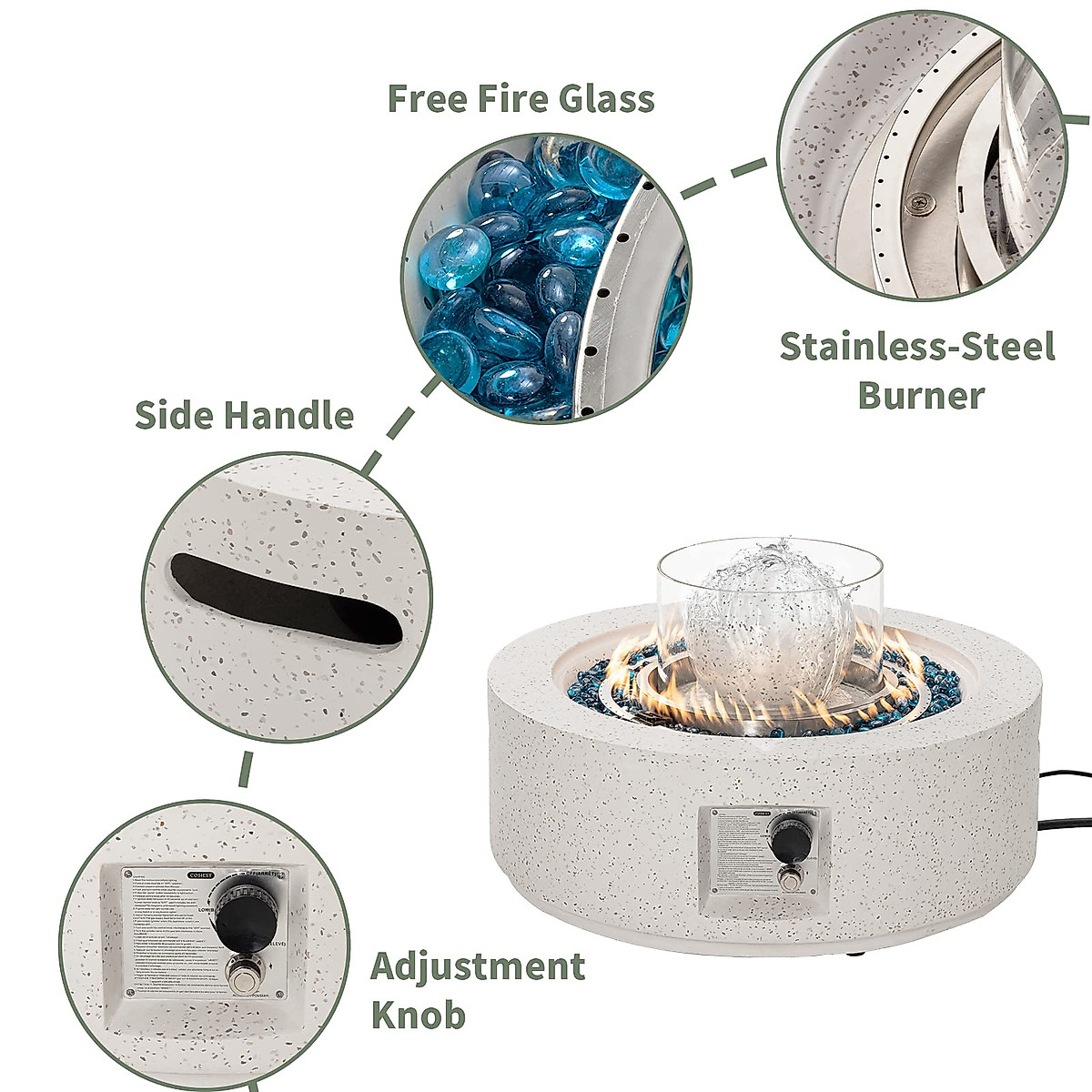 COSIEST Outdoor Propane Fountain Fire Pit Table, 29.3-inch 50,000 BTU Firepit Round Terrazzo White Patio Heater, Stainless Steel Burner, Blue Fire Glass, Rain Cover