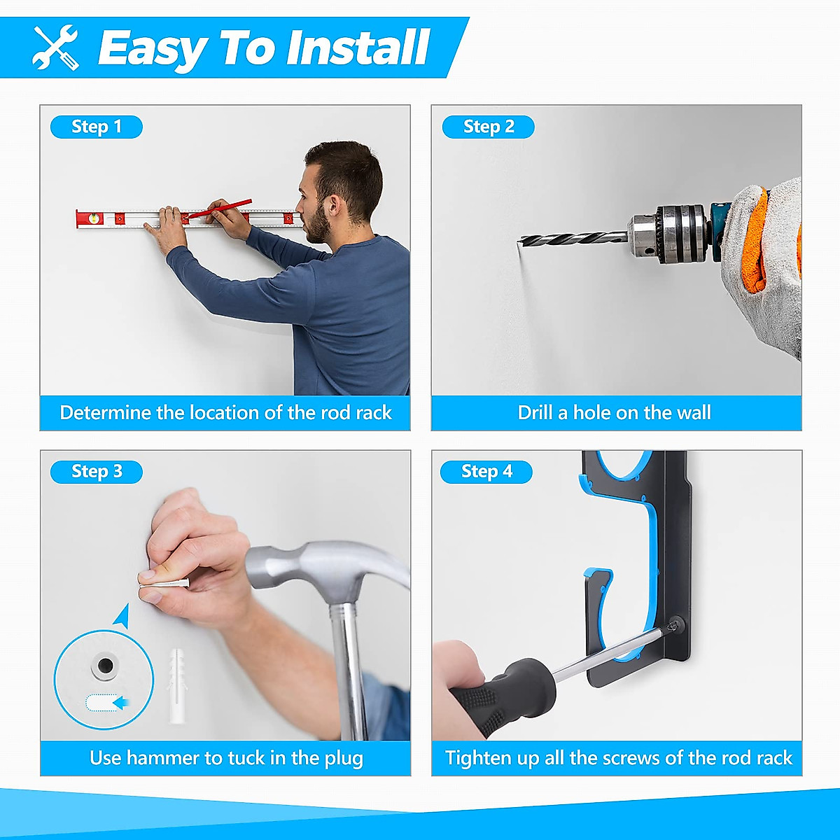 PLUSINNO H5 Horizontal Fishing Rod/Pole Holders for Garage, Wall or Ceiling Mounted Fishing Rod Rack, Aviation Aluminum Fishing Pole Holder Holds up to 5 Rod or Combos or Nets Storage Racks