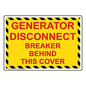 ComplianceSigns.com Generator Disconnect Breaker Behind This Cover Label Decal, 5x3.5 in. 4-Pack Vinyl for Industrial Notices