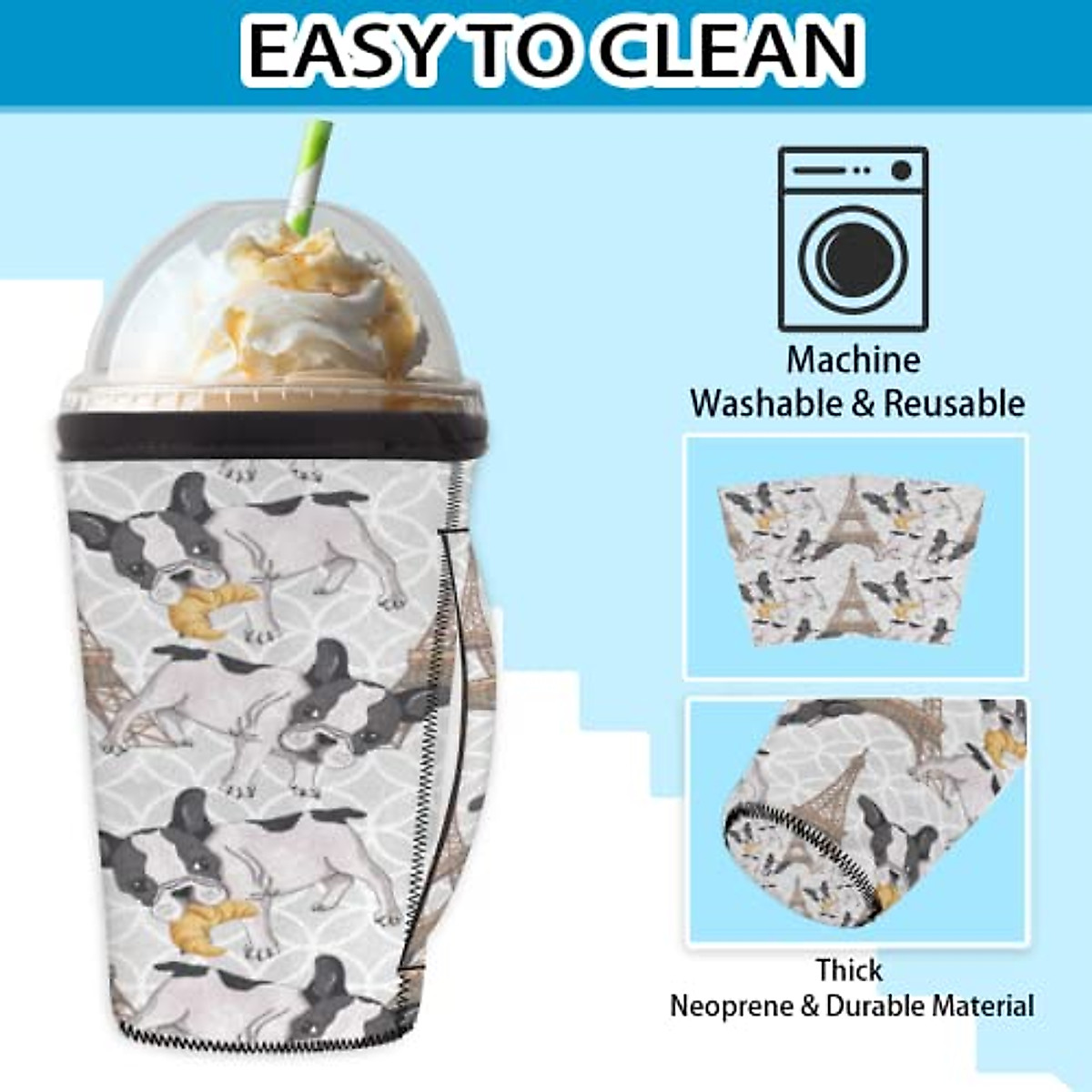 French Bulldog Iced Coffee Sleeve with Handle, Paris Eiffel Tower Reusable Neoprene Insulated Sleeves Cup Cover Holder for Cold Drinks Beverages 30oz - 32oz