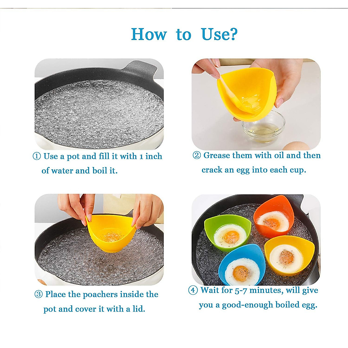 Egg Poacher, 4 Pack Egg Boiler Mold Cup, Poached Egg Cups with Ring Standers, Silicone Egg Poacher Cooker for Microwave Stovetop Air Fryer, with Extra Oil Brush, BPA Free