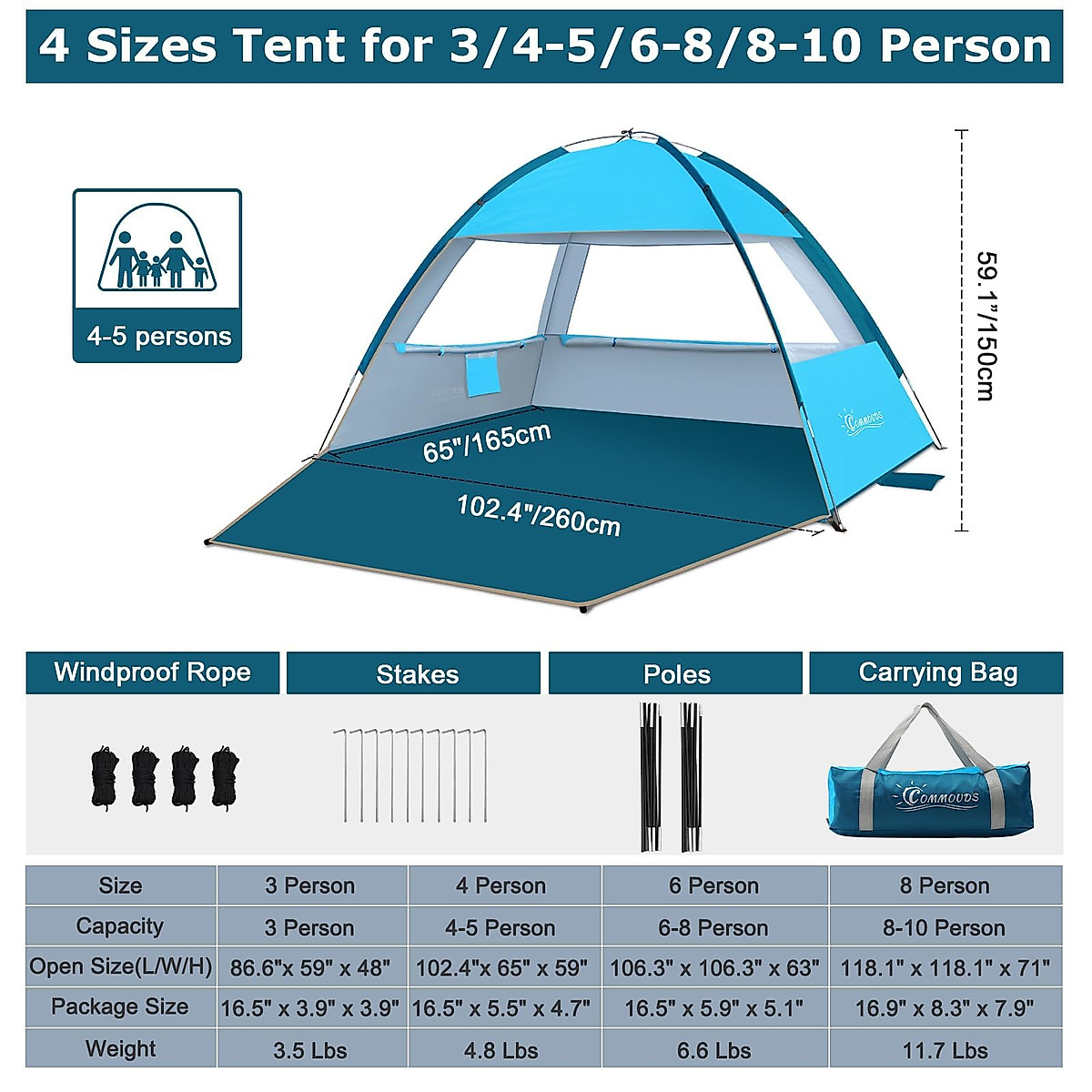 COMMOUDS Beach Tent Sun Shade for 3/4-5/6-7/8-10 Person, UPF 50+ Beach Sun Shelter Canopy Tent, Lightweight, Easy Set Up and Carry