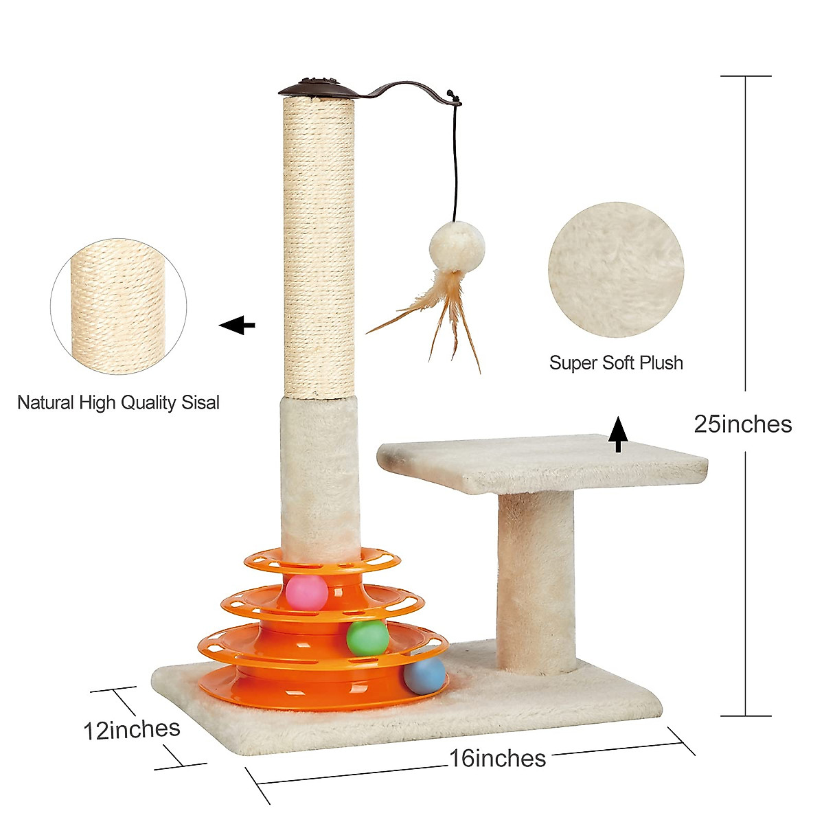 PEEKAB Tall Cat Scratching Post Kitten Sisal Scratcher Tree with Cat Tracks Toy Balls for Indoor Cats and Kittens - 25 inches