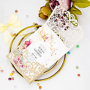 Builcker 20PCS Set Laser Cutting Gold Glitter Invitation Card Greeting Card Graduation Party Wedding Birthday Party Hollow Invitations Flip Invitation Pocket With Envelope (Gold Glitter)