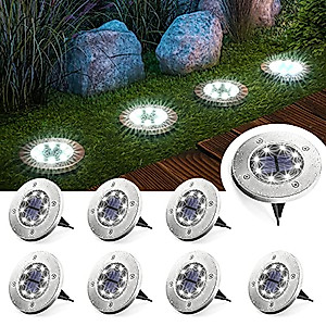 GIGALUMI 8 Pack Solar Ground Lights, 8 LED Solar Powered Disk Lights Outdoor Waterproof Garden Landscape Lighting for Yard Deck Lawn Patio Pathway Walkway (White)