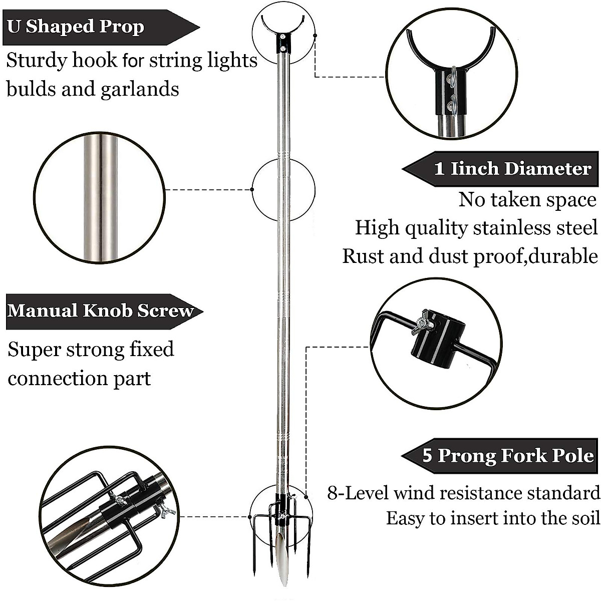 Harrms String Light Poles for Outdoors,10FT Stainless Steel Strong Wind Resistant, LED Solar Hanging String Lights Used for Patio, Courtyard, Garden, Wedding Cafe Party Light Pole Hanger