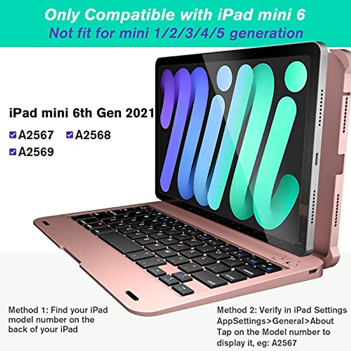 NOKBABO iPad Mini 6 Case with Keyboard 8.3-inch 6th Generation 2021, Ultra Slim Wireless Keyboard with 130° Clamshell Hard Case and Pencil Holder, Only Support iPad Mini 6 Keyboard - Rose Gold