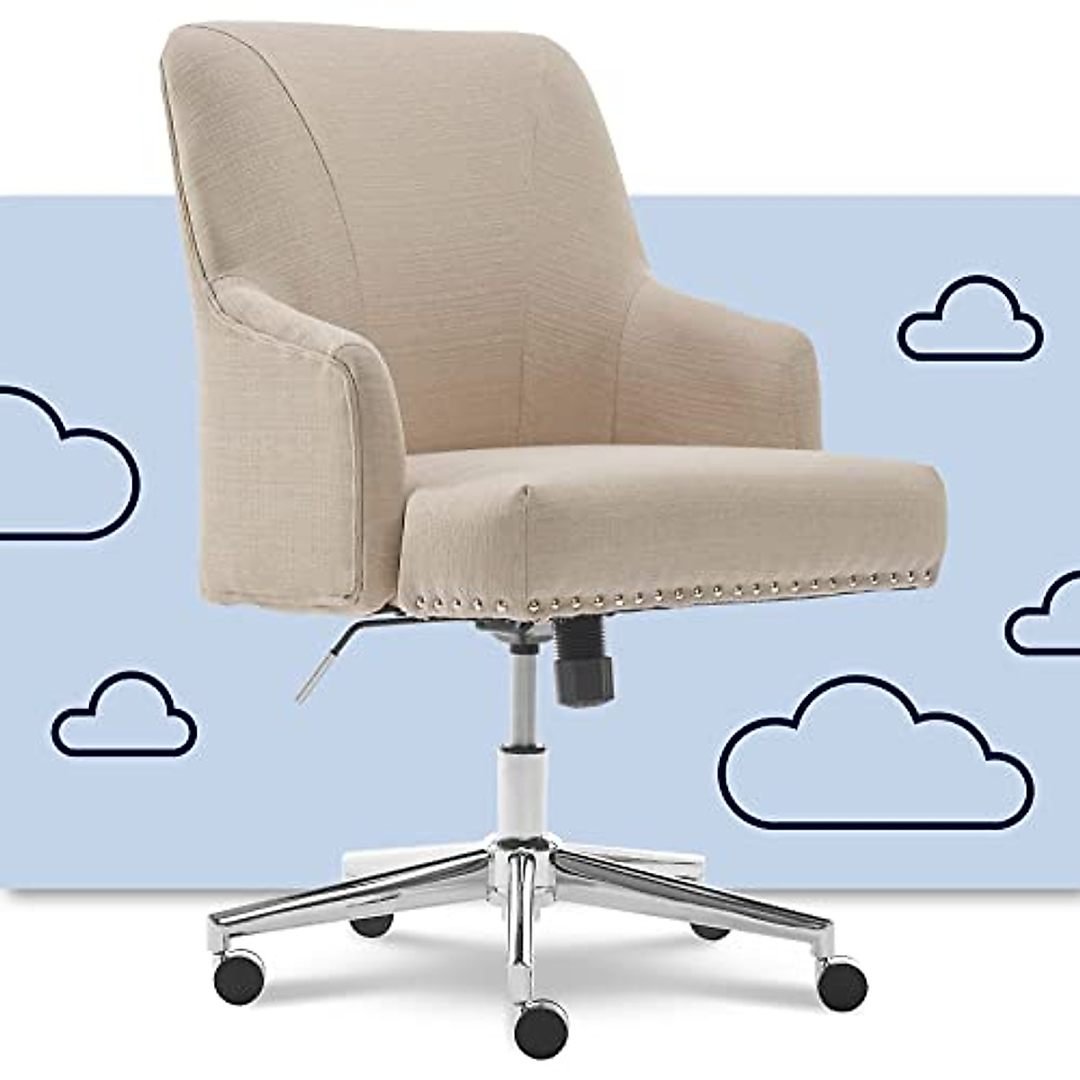 Serta Leighton Home Office Chair with Memory Foam, Height-Adjustable Desk Accent Chair with Chrome-Finished Stainless-Steel Base, Twill Fabric, Stoneware Beige