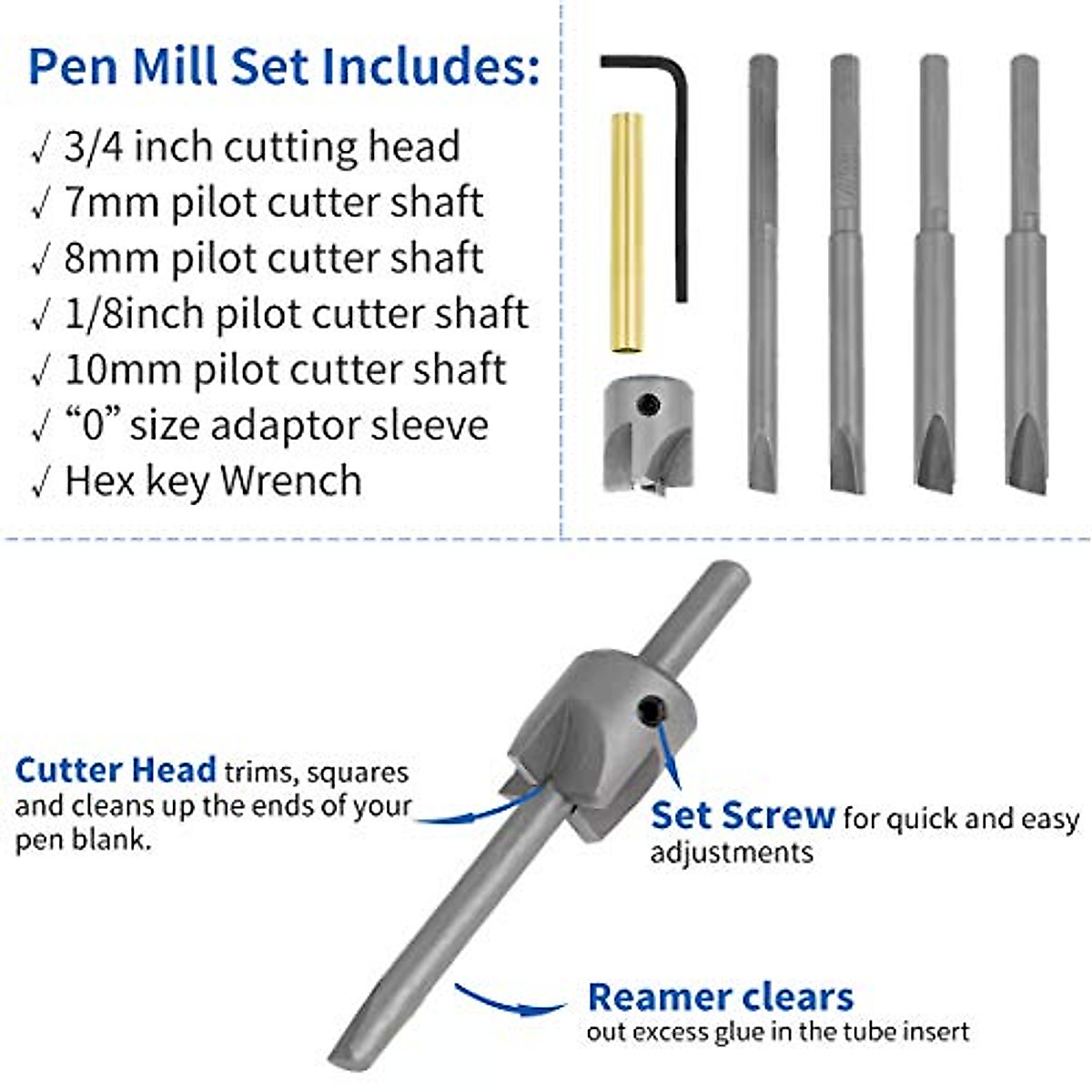 Pen Mill Set, 7 PC Pen Barrel Trimming System with 3/4 inch Cutting Head, 7mm, 8mm, 3/8 inch, 10mm Pilot Cutter Shafts, 0 Size Adaptor Sleeve and Hex Key Wrench, Pen Barrel Mill Trimmer Set by Tackpro