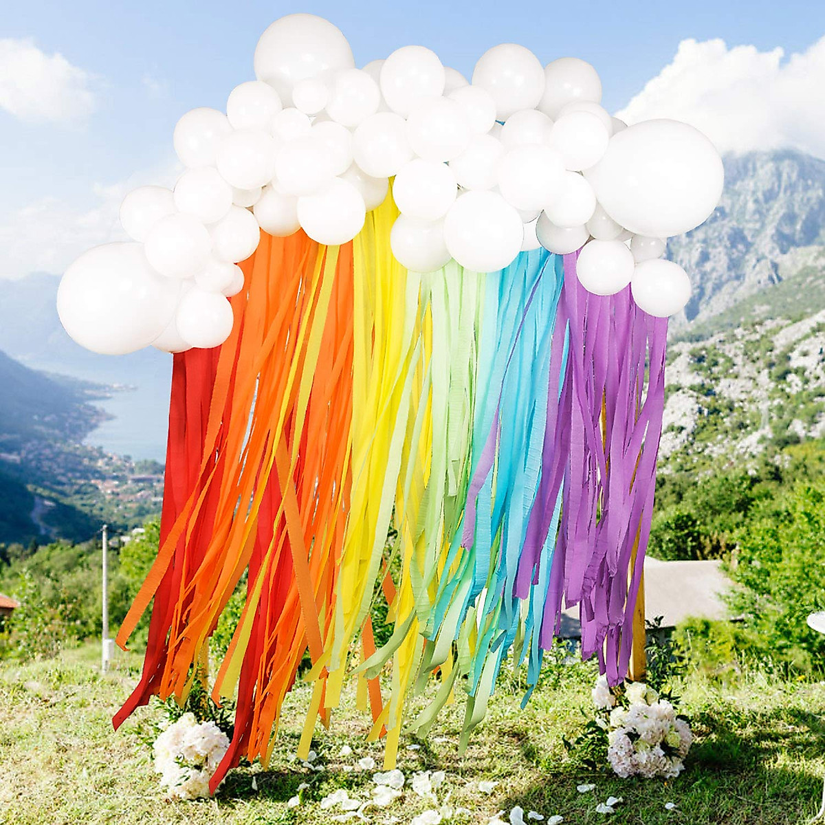 JOYYPOP Rainbow Party Decorations with White Balloon Garland and Rainbow Crepe Paper Streamers for Rainbow Baby Shower Rainbow Birthday Party