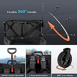 Hikenture Folding Wagon Cart, Portable Large Capacity Beach Wagon, Heavy Duty Utility Collapsible Wagon with All-Terrain Wheels, Outdoor Garden Cart Foldable Wagon for Sports, Shopping, Camping(Black)