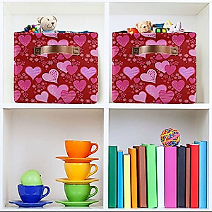 Pink Red Love Heart Storage Basket Fabric Laundry Baskets Happy Valentine's Day Storage Boxes Organizer Bag for Baby Cloth Dog Toy Book Storage Cubes Shelf Closet Bins 16×12×8 Inches