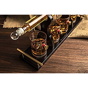 Shotgun Gun Large Whiskey & Wine Decanter Set Bullet Glasses - Limited Edition Elegant Rifle Gun Whiskey Decanter 22.5" With 4 Shotgun Bullet Whiskey Glasses and Mohogany Wooden Base The Wine Savant