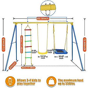 Plohee Swing Sets for Backyard, 550lbs Heavy-Duty Kid Swing Set with Two Swing Seats, Climbing Rope, Climbing Ladder for Outdoor Playground Ages 3-9 (Yellow&Blue)