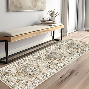 ManzunLiving Runner Rug 2x12, Farmhouse Hallway Runner Rug Non Slip,Kitchen Runner Rug,Washable Runner Rug for Entryway Indoor,Neutral Brown Vintage Bedroom Runner Rug