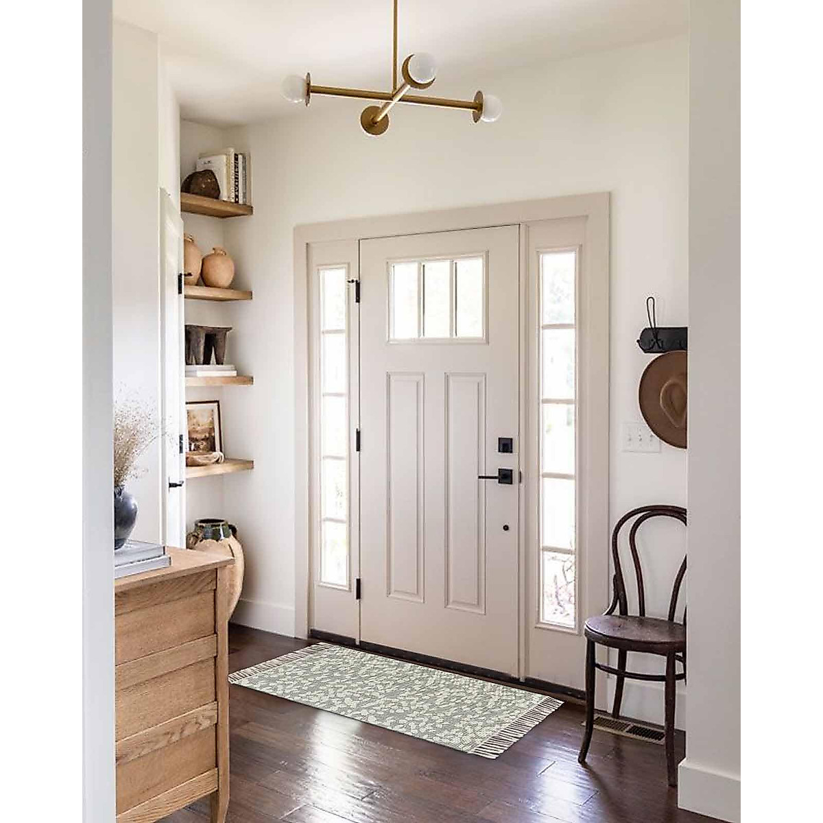 Grey White Botanical Kitchen Runner Rug 2'x4', Washable Woven Cotton Area Rug with Tassels Bathroom Hallway Rug, Pastoral Spring Floral Summer Art Entryway Bedroom Rug Non Slip Throw Rug Carpet