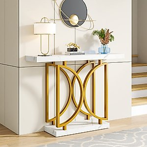 Tribesigns Gold Console Table, 39 Inch Entry Sofa Table with Double D-Shaped Metal Base, Contemporary Accent Table with Faux Marble Veneer for Entryway, Hallway, Entrance, Living Room
