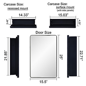 IDYLLOR Black Bathroom Mirror Medicine Cabinet with Round Corner Framed Door and Beveled Edge Mirror 15 x 25 inch, Recessed or Surface Mount, with Adjustable Glass Shelves