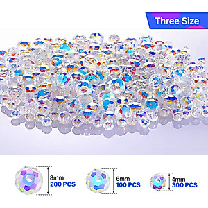 600 Pieces Crystal Rondelle Faceted Beads Gemstone Glass Beads Loose Beads Briolette Bead for DIY Jewelry Crafts Making 8 mm, 6 mm, 4 mm (AB Color)
