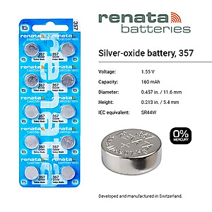 Renata 357 SR44W Batteries - 1.55V Silver Oxide 357 Watch Battery (10 Count)