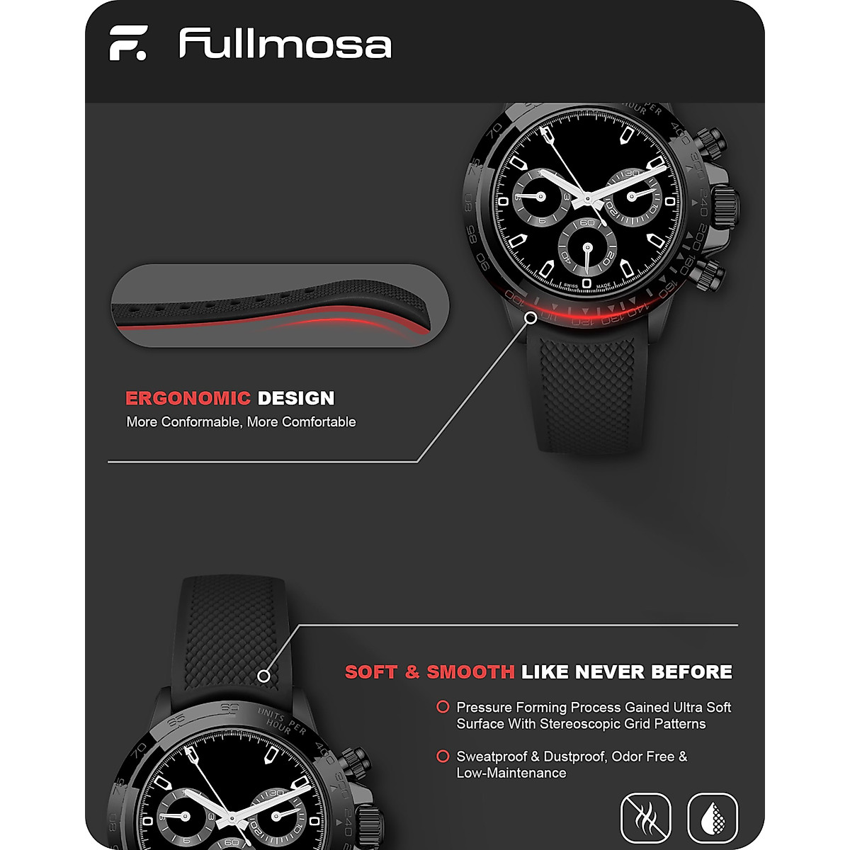 Fullmosa 22mm Silicone Watch Bands No Gaps Compatible for Samsung Galaxy Watch 46mm/Gear S3 Classic/Frontier, Galaxy Watch 3 45mm,(Black+Red)