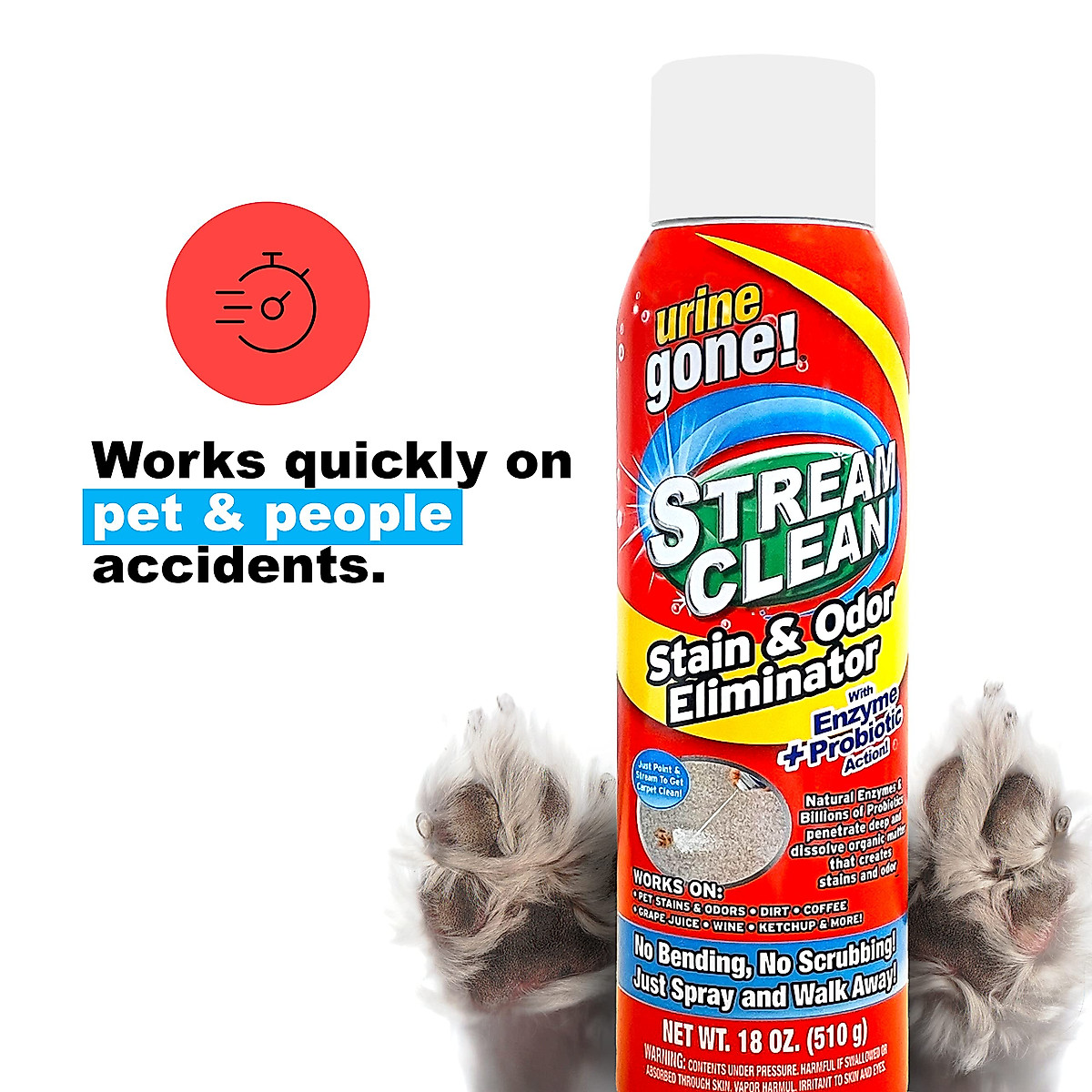 Urine Gone Stream Clean, Heavy Duty Carpet Stain & Odor Eliminator Deep Cleans with Fast Acting Natural Enzymes + Probiotics Eliminating Stains and Odor Permanently, No Scrubbing, 18 oz. (1pack)