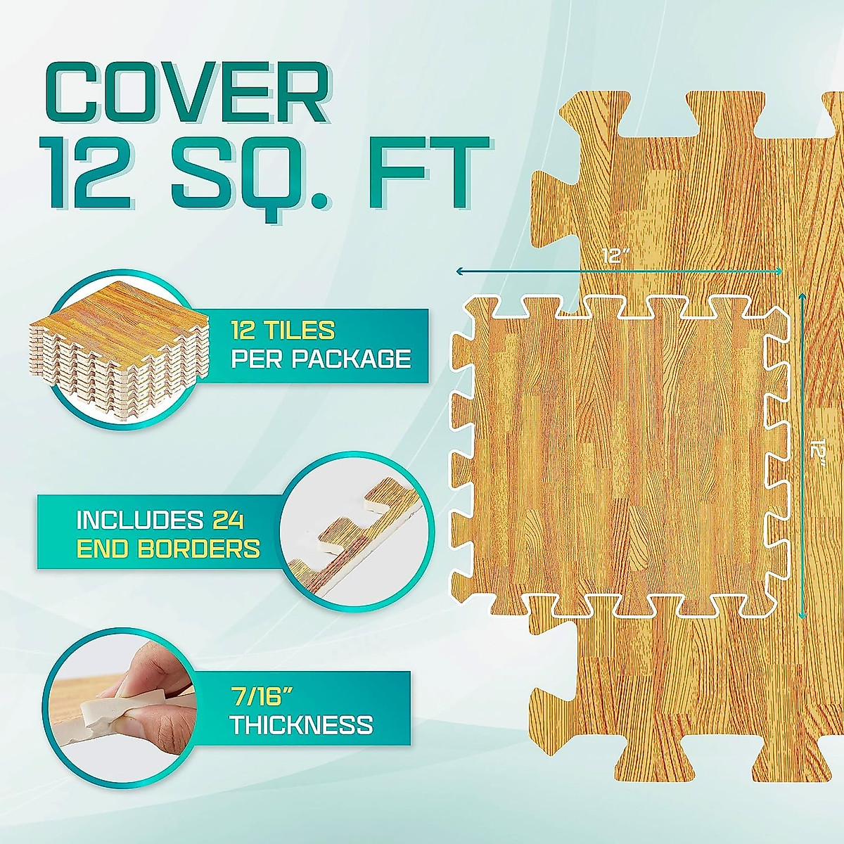 Yes4All Interlocking Floor Mats with Border – Foam, Gym Floor Mats with EVA Interlocking Tiles (12 Square Feet – Oak Wood Light – 12 Tiles)