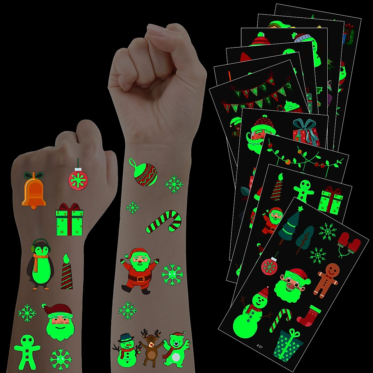 JUNEBRUSHS 20 Sheets Christmas Temporary Tattoos for Kids, Stocking Stuffers Christmas Party Favors Glow in Dark Tattoo Stickers Luminous Tattoos Face Make up Gift Filler Decoration for Boys Girls