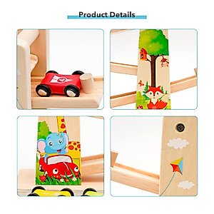 KUSARKO Wooden Race Car Ramp, 4 Level Car Ramp Race Track Toy with 4 Mini Cars, Toddler Race Car Ramp Toy Set, Gift for 3+ Age Boys and Girls