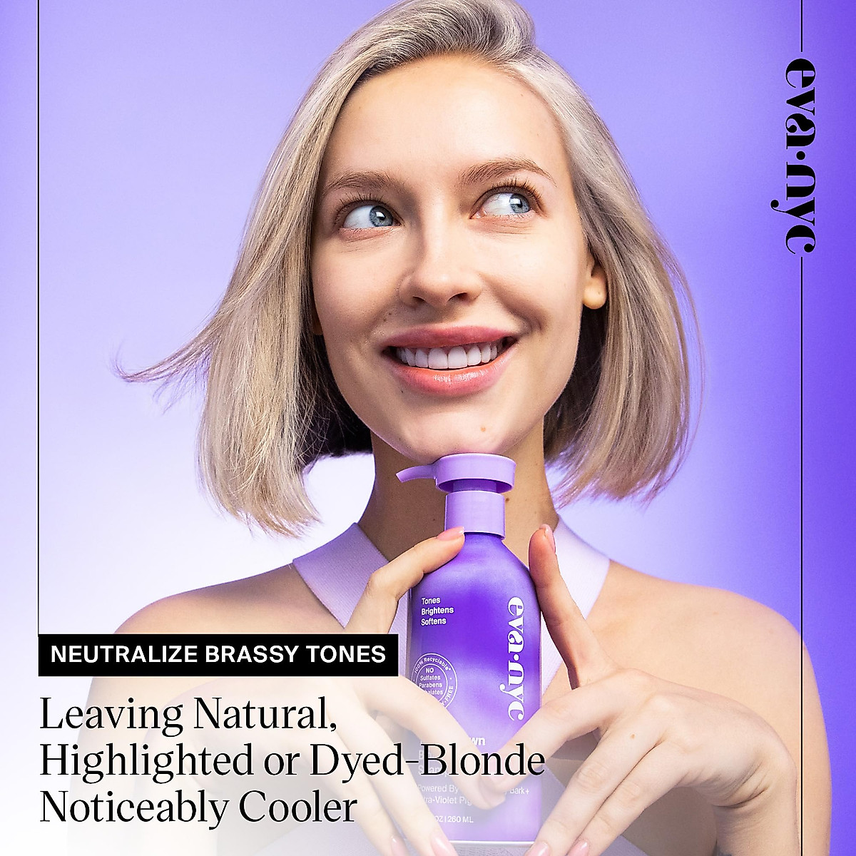 Eva NYC Tone It Down Purple Shampoo for Brightening Blonde Hair, Eliminating Brass & Yellow Tones - Moisturizing & Vegan, 8.8 oz