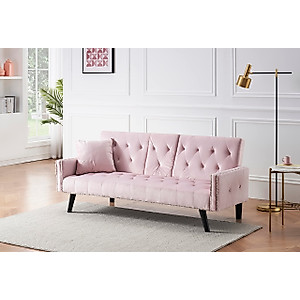 Modern Velvet Tufted Upholstered Futon Sofabed Living Room Loveseat Convertible Sleeper Couch Bed with Nailhead Decor and Drop-Down Cupholdes for Home Office Apartment