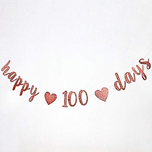 Rose Gold Glittter Happy 100 Days Banner Sign for Kids Birthday, Baby Shower, Wedding Celebration Party Decor Cursive Bunting Decorations
