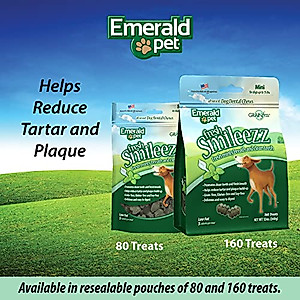 Emerald Pet Fresh Smileezz Grain Free Dog Dental Treats — Minty Fresh Breath and Clean Teeth for Puppies and Small Dog Breeds — Made in USA Mini, 6 Oz