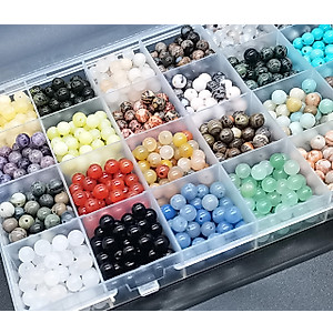 1200pcs 6mm Natural Round Stone Beads Real Gemstone Beading Loose Gemstone Hole Size 1mm DIY Smooth Beads for Bracelet Necklace Earrings Jewelry Making,Box Packed(24 Material -A,6mm)