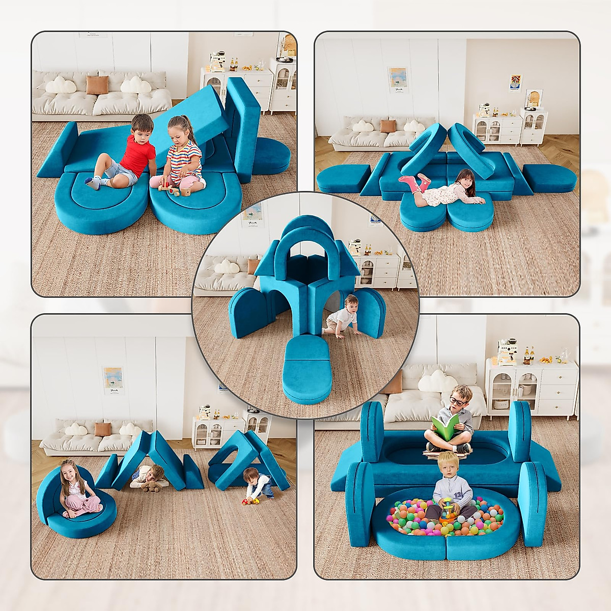 Kids Couch, 12PCS Modular Toddler Couch with 2 Triangular Cushions and 4 Arches, Fold Out Kids Couch for Playroom, Bedroom, Modular Kids Couch for Boys and Girls, Kids Play Couch for Kids (Blue)