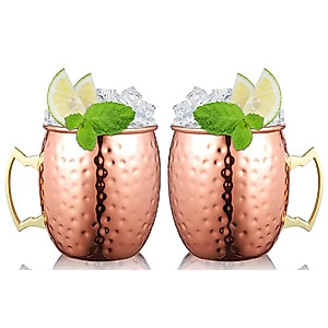Moscow Mule Mugs | Large Size 19 ounces | Set of 2 Hammered Cups | Stainless Steel Lining | Pure Copper Plating | Gold Brass Handles | Christmas Gift Set