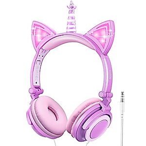 LOBKIN Unicorn Kids Headphones Cat Ear, Wired Toddler Headphones with LED Light Up, 85dB Volume Limited, Foldable 3.5mm Jack Girls Headphones for School/Travel/iPad/Tablet - Purple