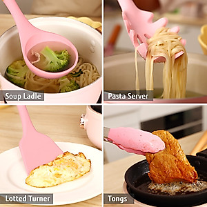 hecef Kitchen Utensils Set, 32 PCS Silicone Cooking Utensils Set with Stainless Steel Holder, 446°F Heat Resistant Food Grade Kitchen Gadgets Tools Set Wooden Handle for Nonstick Cookware (Pink)