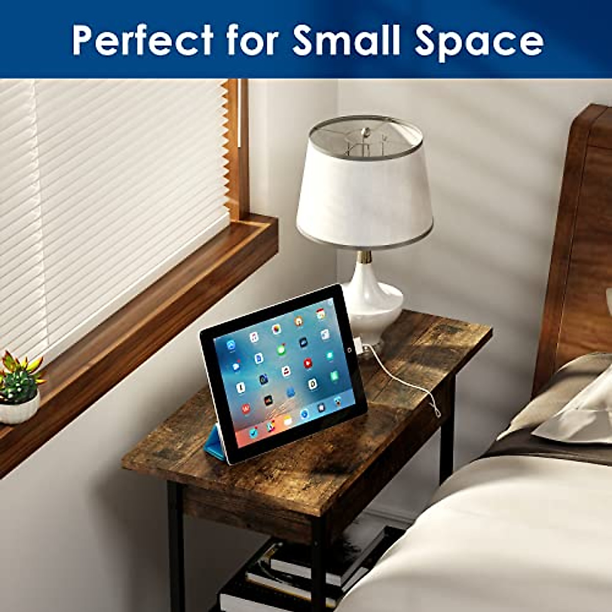 SAUCE ZHAN Sofa Side Table with USB Ports and Outlets, Narrow End Table with Storage Shelf for Small Spaces Bedside Nightstand with Charging Station for Living Room, Bedroom, Brown