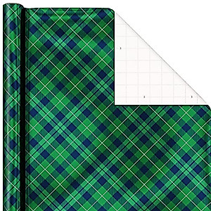 Hallmark Foil Holiday Wrapping Paper with Cut Lines on Reverse (3 Rolls: 60 sq. ft. ttl) Woodland Scene with Deer, Green and Navy Blue Plaid, Wreaths on Navy Blue