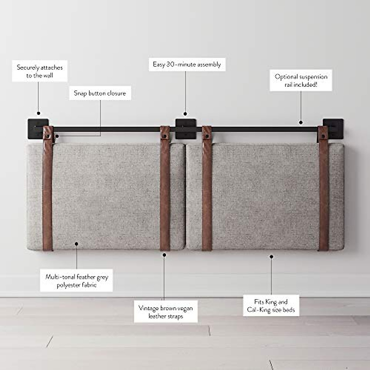 Nathan James Harlow Modern Wall Mount Hanging Upholstered Headboard, King, Gray with Brown Faux Leather Straps
