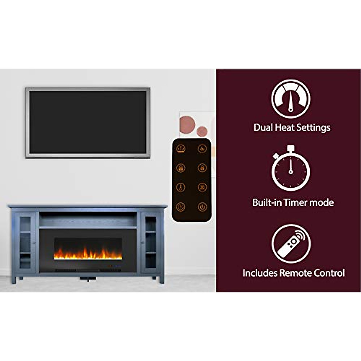 Cambridge Slate Blue Somerset 70 Electric Fireplace TV Stand with Multi-Color LED Flames, Crystal Rock Display, and Remote Control