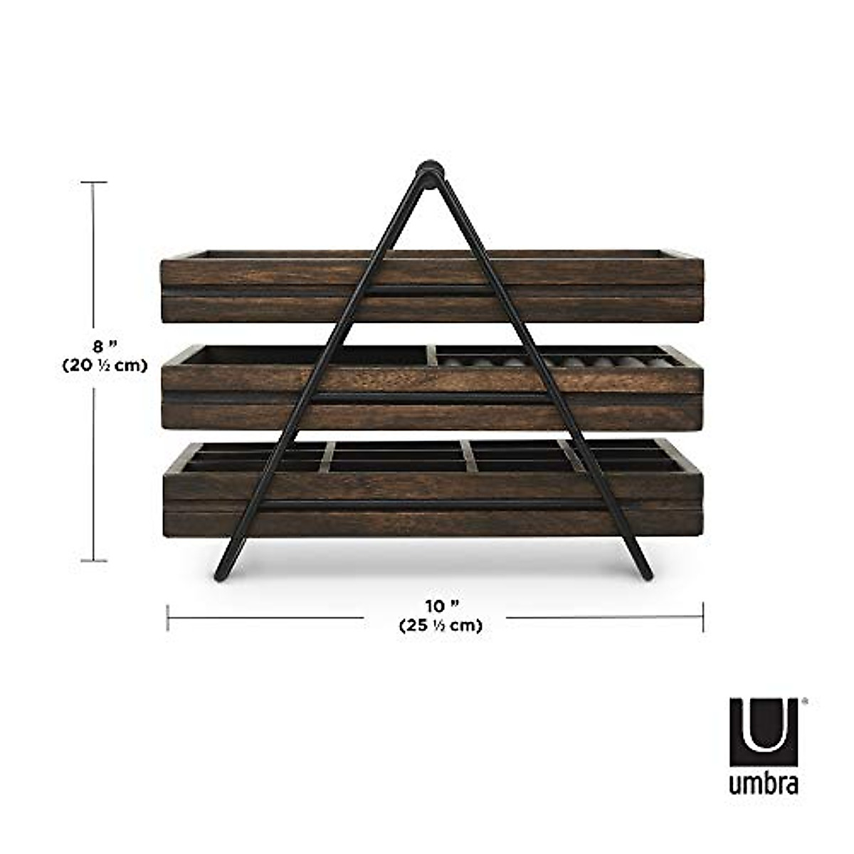 Umbra Terrace Tier Jewelry Three Sliding Linen Lined Wood Trays with Metal Frame and Handle, Easy Storage and Access, Walnut, 3 Each