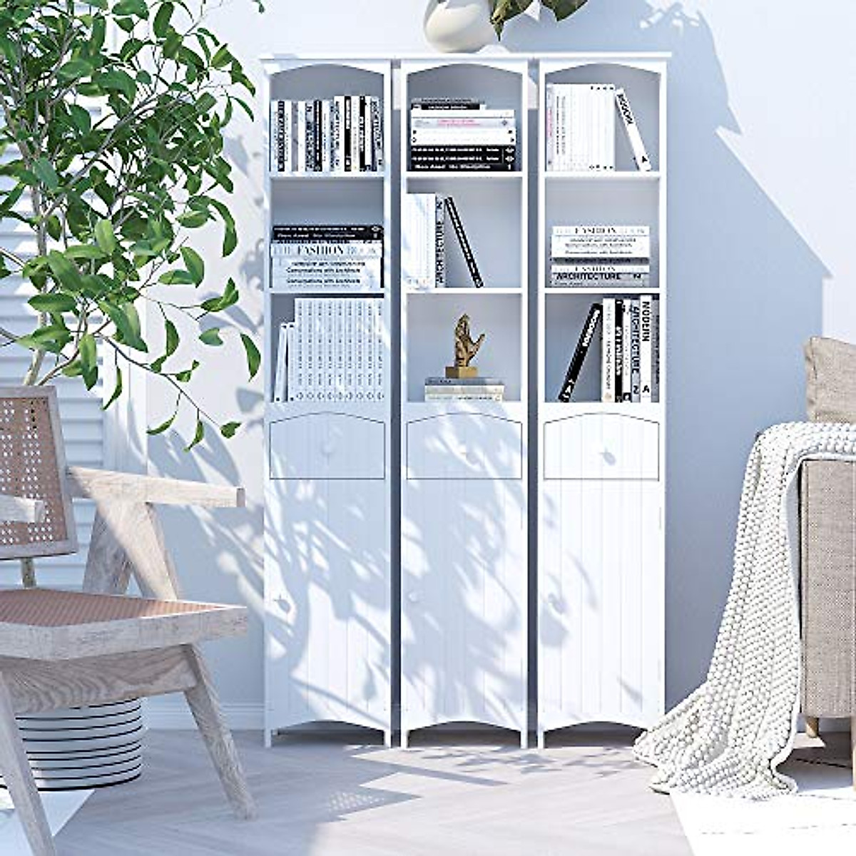 HOMCOM Bathroom Storage Cabinet, Free Standing Bath Storage Unit, Tall Linen Tower with 3-Tier Shelves and Drawer, White