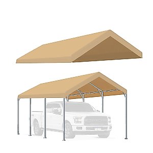 Rutile 10'x20' Carport Canopy ONLY Tent Garage Replacement Top Tarp Car Shelter Cover w/Ball Bungees Beige (Only Top Cover, Frame is not Included)