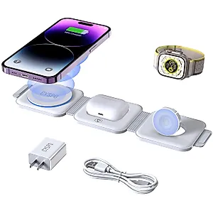 3 in 1 Portable Magnetic Wireless Charger, Fast Charging Travel Wireless Charging Station, Foldable Wireless Charging Stand for iPhone15/14/13/12 Series, AirPods Pro/3/2, Apple Watch(Adapter Included)